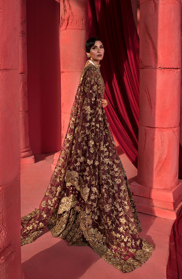 HSY | Elegant Maroon Bridal Dress with Gold Accents