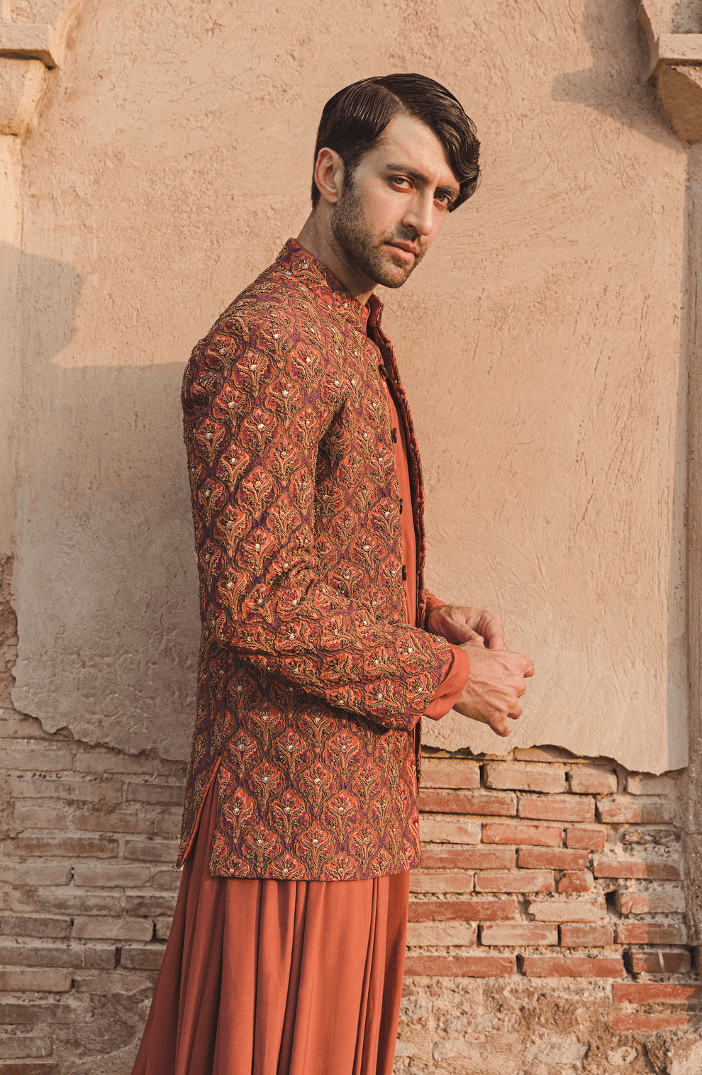 HSY| Handcrafted Rust Prince Coat with Rajasthani Kurta and Pajama