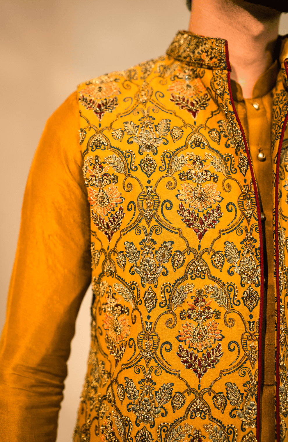 HSY| Embroidered Waistcoat in Mustard with Kurta and Pants