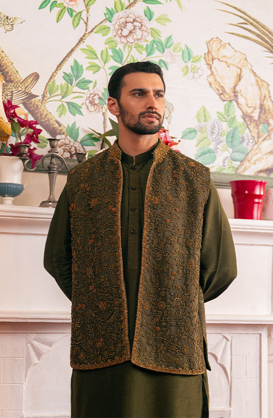 HSY | Jahaan - Olive Green Silk Ensemble