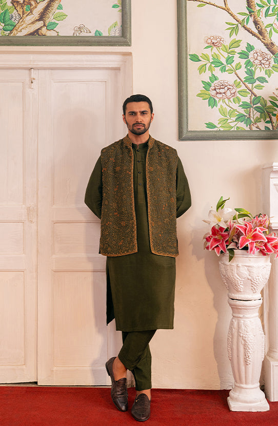 HSY | Jahaan - Olive Green Silk Ensemble