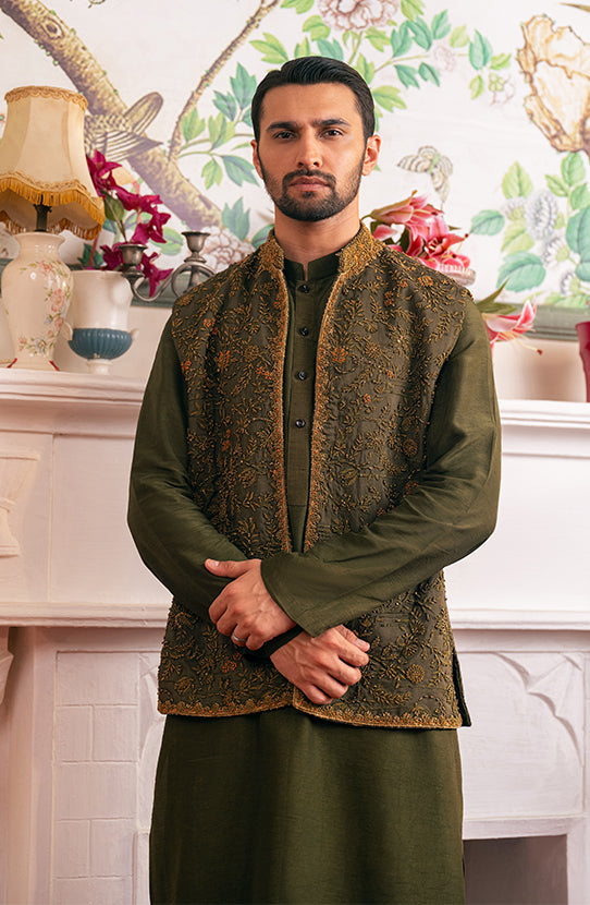 HSY | Jahaan - Olive Green Silk Ensemble