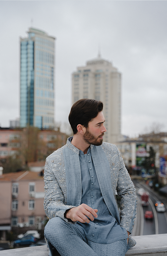 HSY| Embellished Ice blue Prince Coat Paired with Shirt & Pants