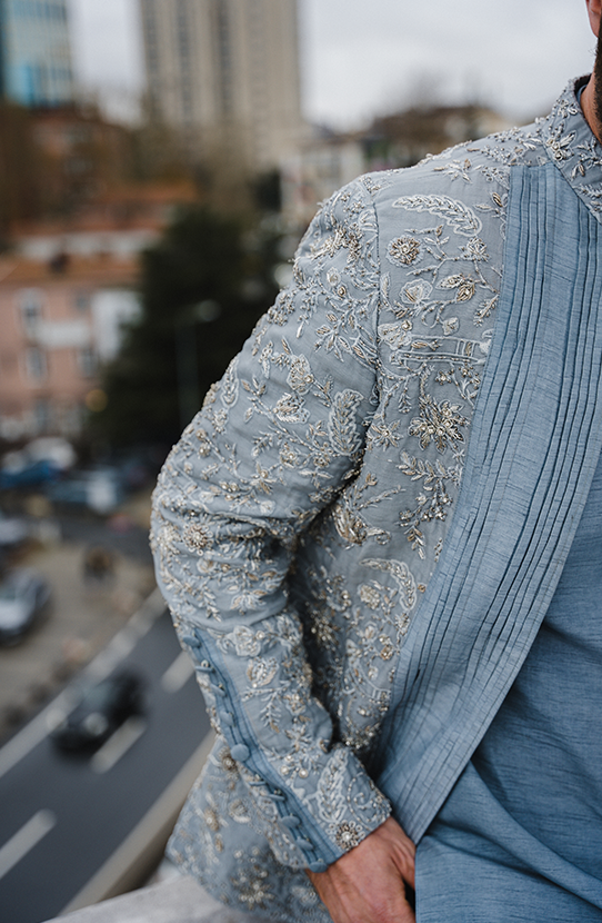 HSY| Embellished Ice blue Prince Coat Paired with Shirt & Pants