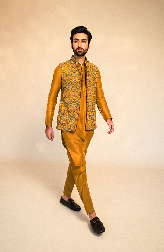 HSY| Embroidered Waistcoat in Mustard with Kurta and Pants