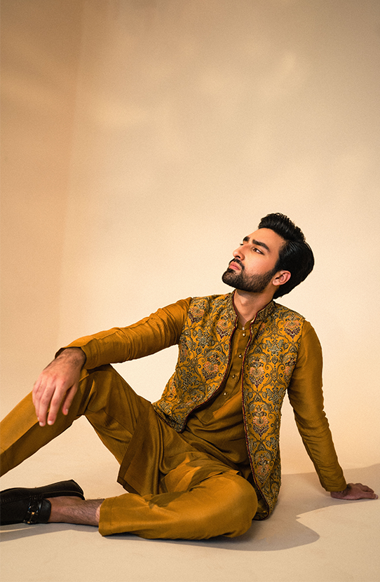 HSY| Embroidered Waistcoat in Mustard with Kurta and Pants