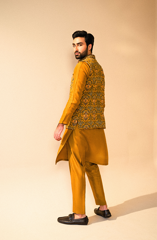HSY| Embroidered Waistcoat in Mustard with Kurta and Pants