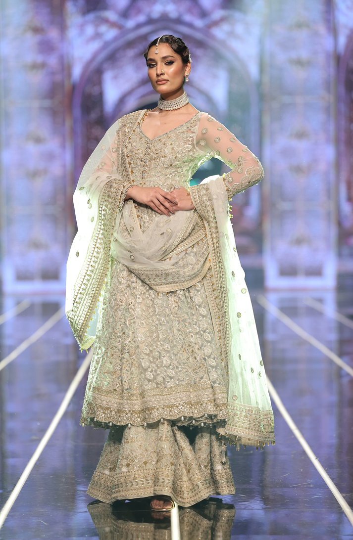 HSY Trousseau | Net pishwas with jamawar sharara set