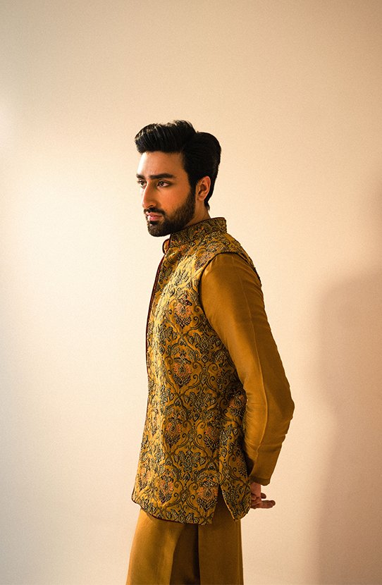 HSY| Embroidered Waistcoat in Mustard with Kurta and Pants